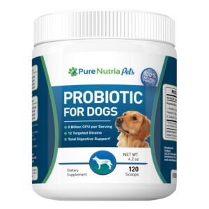 purenutria dog probiotics dog supplements - for dog diarrhea, upset stomachs, yeast, gas, dog allergy and dog immune system support - made in usa - 12 targeted strains 5 billion cfu - 120 scoops