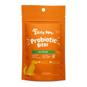 zesty paws probiotics for dogs - digestive enzymes for gut flora, digestive health, diarrhea & bowel support - clinically studied de111 - dog supplement soft chew for pet immune system - 10 count