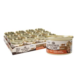 wellness core grain-free wet cat food, natural canned food for cats, made with real meat (chicken, turkey & chicken liver pate) , 3 oz cans (pack of 12)