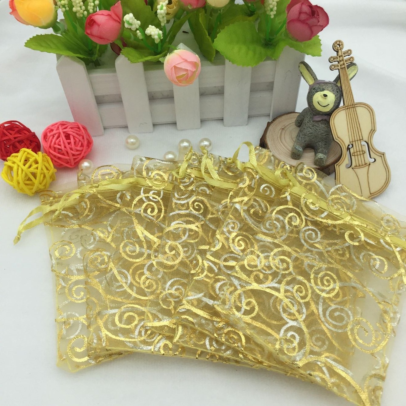 Ankirol 100pcs Sheer Organza Favor Bags For Wedding Baby Shower Rattan Print Gift Bags Samples Display Drawstring Pouches (3x4 inch, gold)