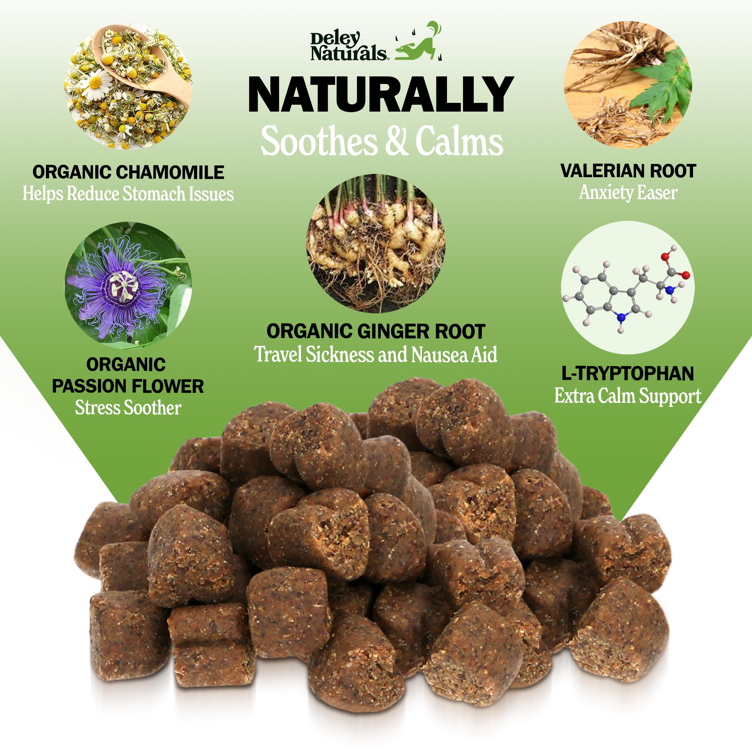 Deley Naturals Dog Calming Chews - Calming Chews for Dogs to Help Stress & Travel Sickness - Dog Calming Treats with Chamomile, Valerian Root and L-Tryptophan - 120 Calming Dog Treats Made in The USA