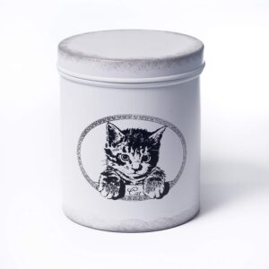 the petsteel antique white treat jar. sturdy treat or food storage canister with cute cat design.tight fitting lids. pet food container fit's up to 2lbs of treats