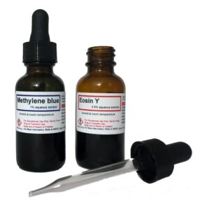 30 ml (1 oz) methylene blue and eosin y solutions in amber glass dropper bottles (for microscopy)