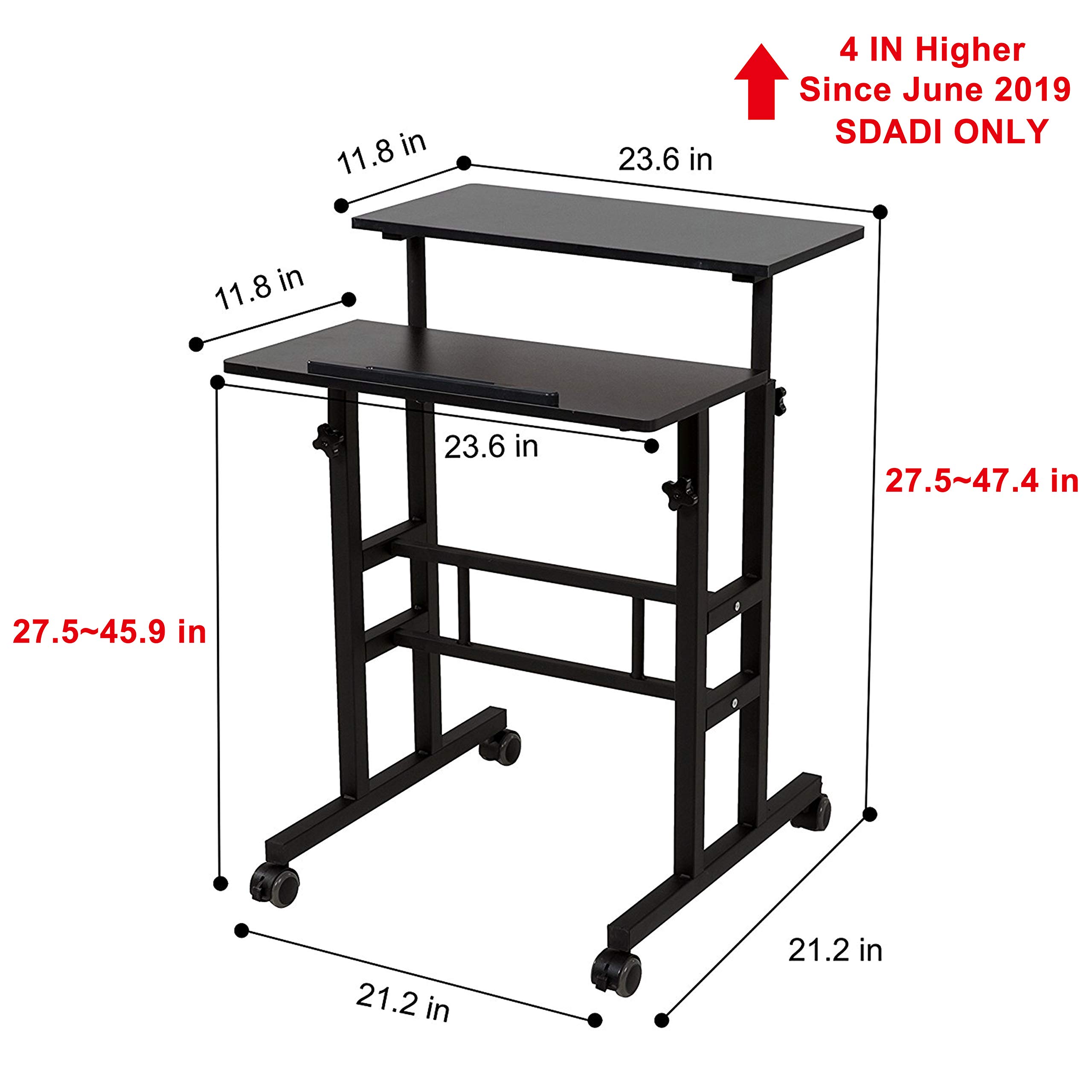 SDADI 2 Inches Carpet Wheels Mobile Desk Stand Up Height Adjustable Home Office with Standing and Seating 2 Modes for Room, Black