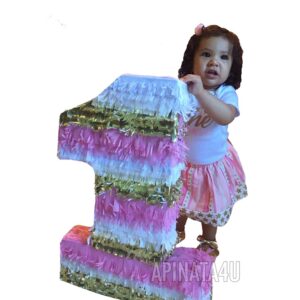 APINATA4U 20" Tall Number One Pinata Tall Light Pink White & Gold First Birthday Princess Themed