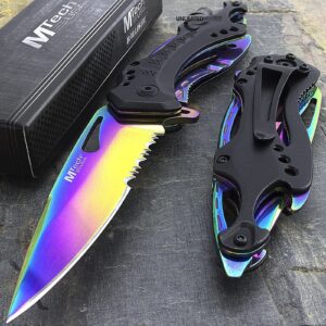 8" mtech usa rainbow titanium tactical folding knife pocket blade edc can opener