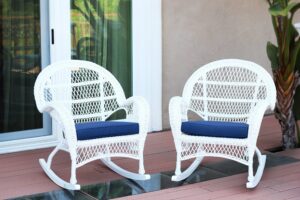 jeco wicker rocker chair with blue cushion, set of 2, white