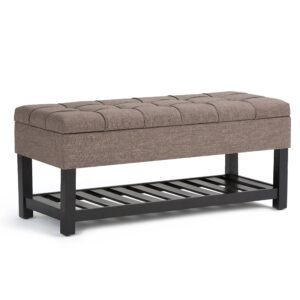 simplihome saxon 43 inch wide transitional rectangle storage ottoman bench in fawn brown linen look fabric, for the living room and bedroom