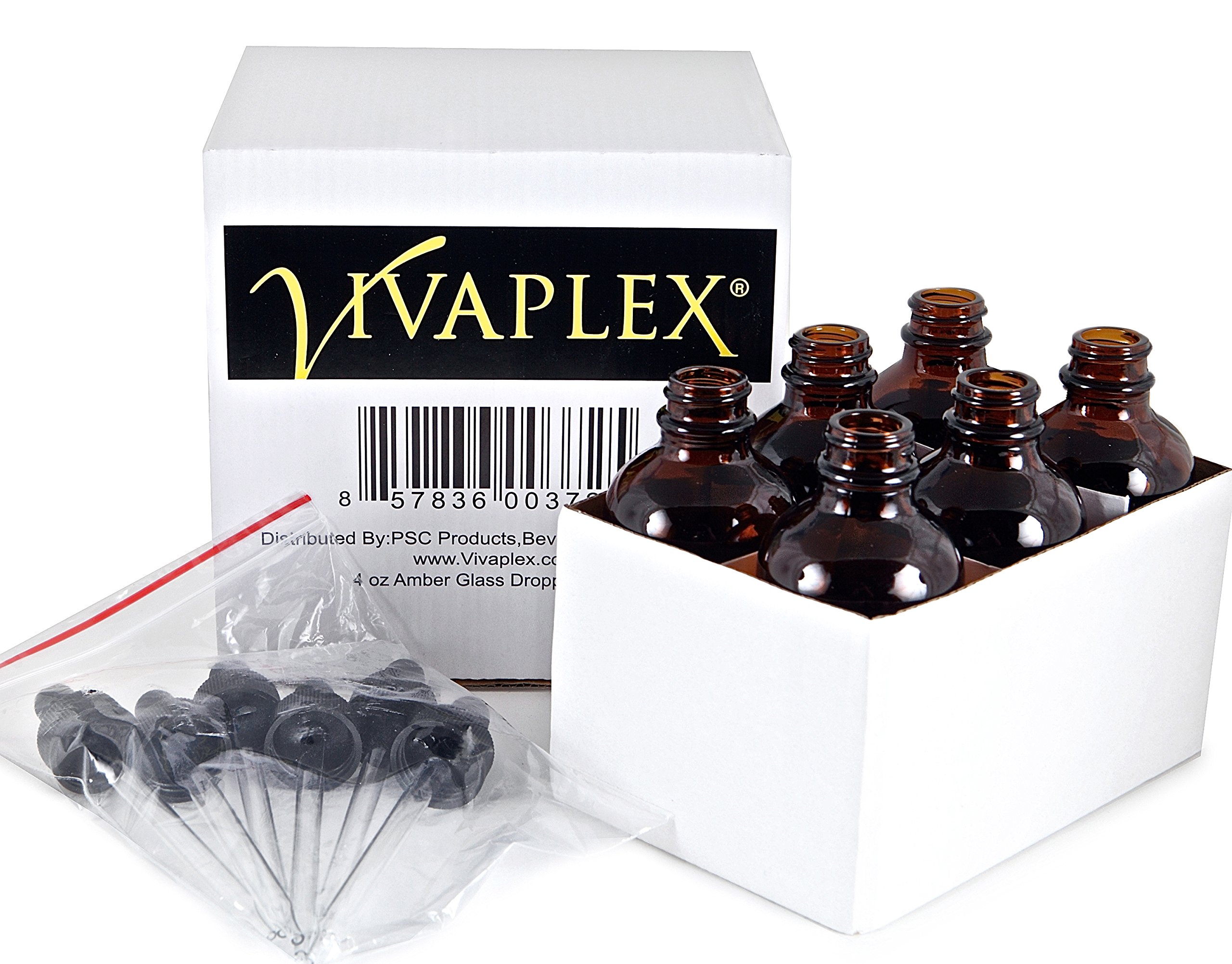 Vivaplex, 6, Amber, 4 oz Glass Bottles, with Glass Eye Droppers