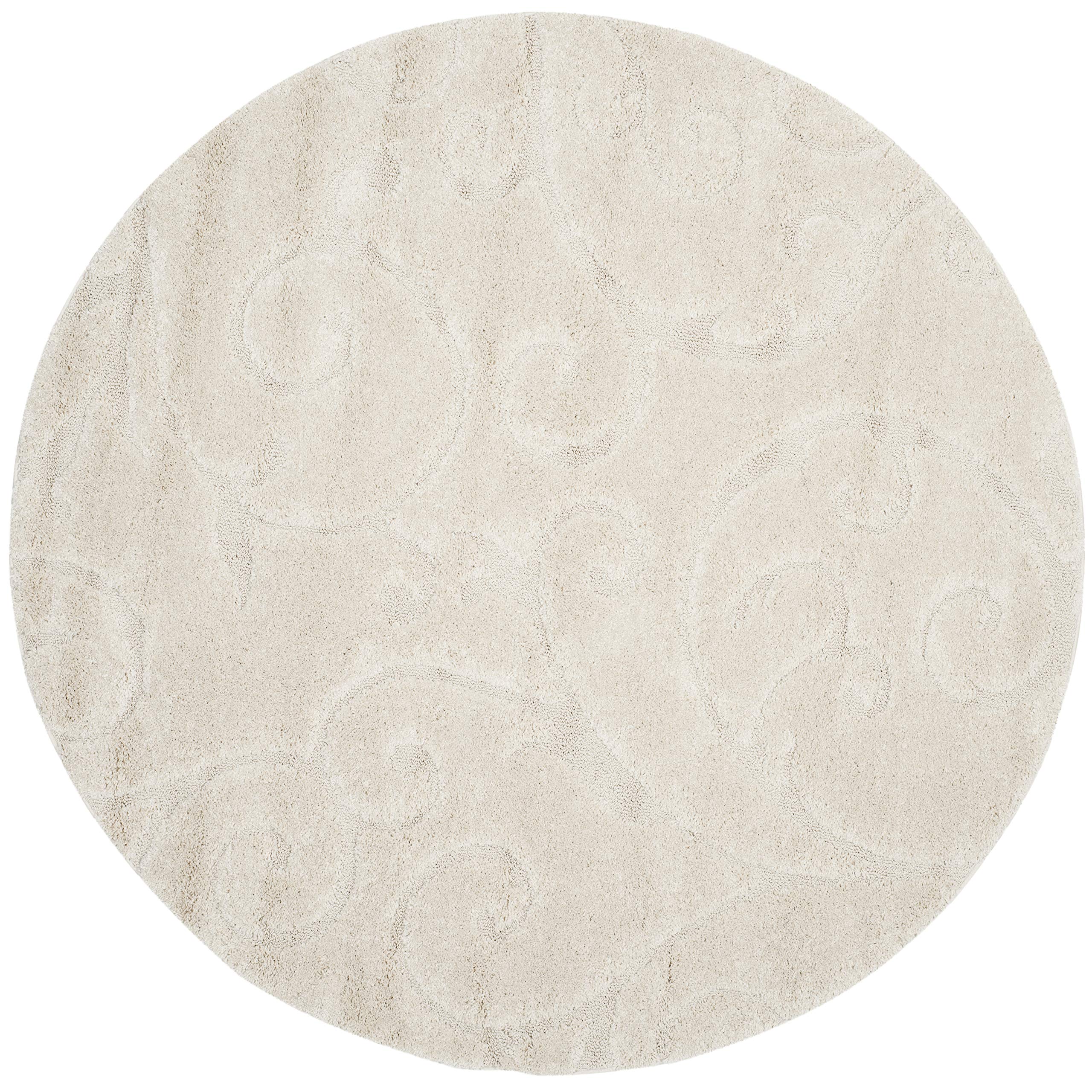 SAFAVIEH Florida Shag Collection Area Rug - 5' Round, Creme & Creme, Scroll Design, Non-Shedding & Easy Care, 1.2-inch Thick Ideal for High Traffic Areas in Living Room, Bedroom (SG455-1111)