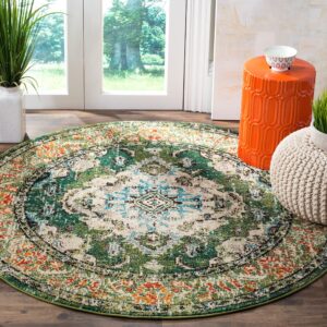 safavieh monaco collection area rug - 5' round, forest green & light blue, boho medallion distressed design, non-shedding & easy care, ideal for high traffic areas in living room, bedroom (mnc243f)