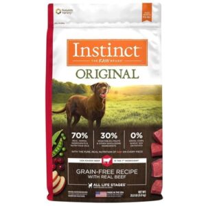 instinct dog food, grain free dog food dry, high protein, raw coated dog food, dog kibble, original real beef, 20 lb. bag