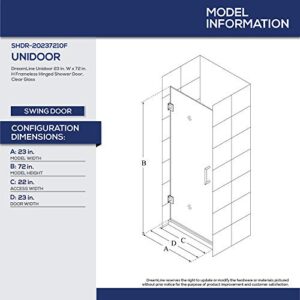 DreamLine Unidoor 23 in. W x 72 in. H Frameless Hinged Shower Door in Satin Black, SHDR-20237210F-09