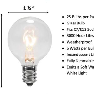 25 Pack Clear G40 Globe Light Bulbs for Patio String Lights Fits E12 and C7 Base 5 Watt 1.5 Inch Dimmable Light Bulbs G40 Replacement Bulbs for Patio Lights