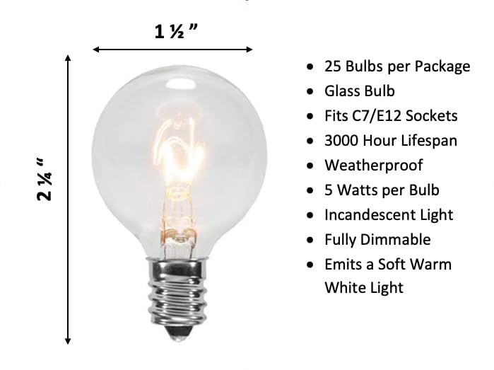 25 Pack Clear G40 Globe Light Bulbs for Patio String Lights Fits E12 and C7 Base 5 Watt 1.5 Inch Dimmable Light Bulbs G40 Replacement Bulbs for Patio Lights