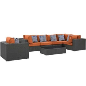 modway eei-2374-chc-tus-set sojourn wicker rattan 7 piece outdoor patio sunbrella sectional set, canvas tuscan orange