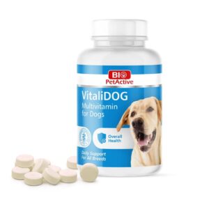 vitalidog multivitamin for dogs, skin and coat supplement, dog prenatal health supplies, vitamin a + e + b9 + b5 + h + biotin + amino acids + folic acid for dogs, 150 chewable tablets