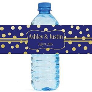 DesignThatSign 100 Gold Confetti On Navy Blue Wedding Anniversary Engagement Party Water Bottle Labels Bridal Shower