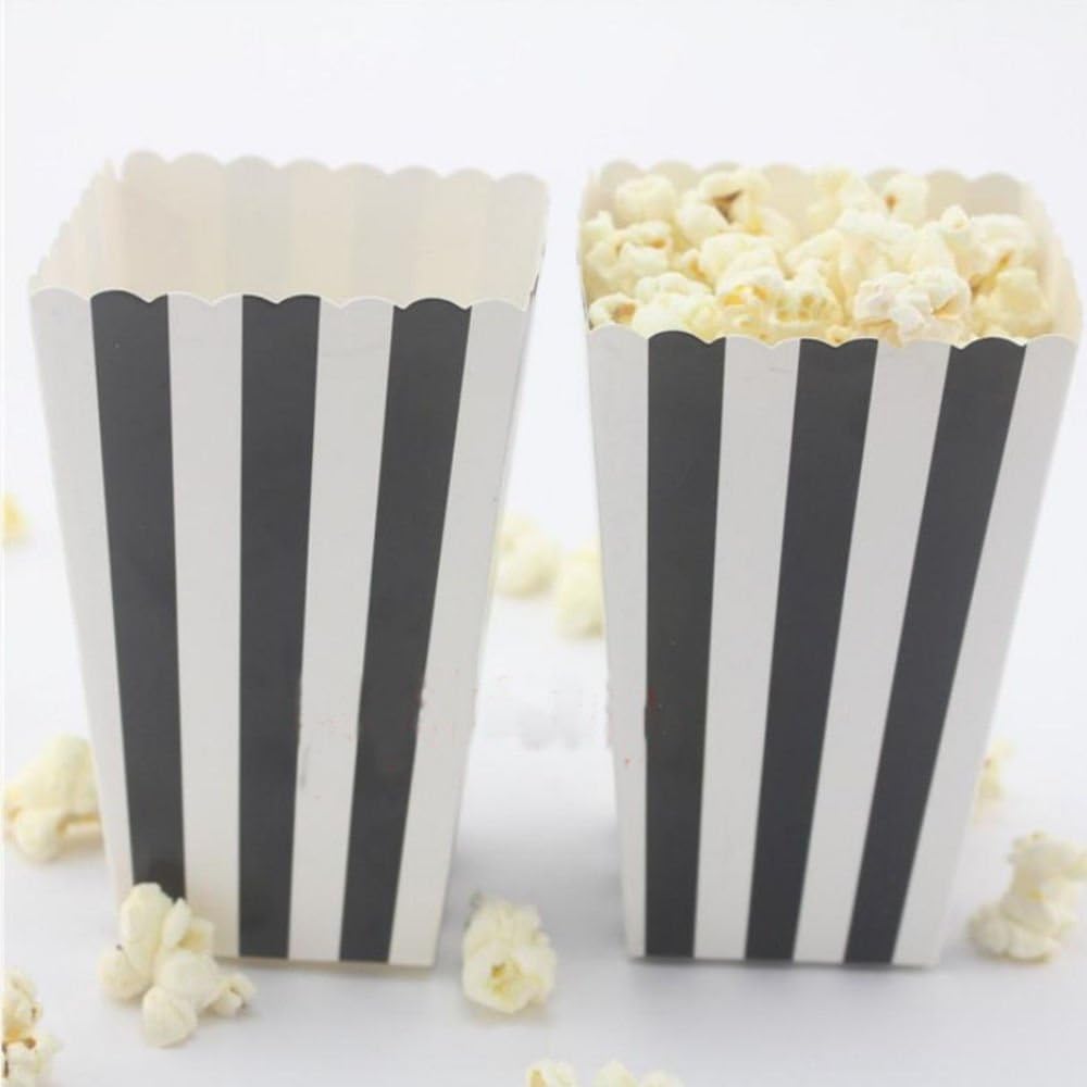 Crystallove 24pcs Striped Paper Popcorn Boxes for Party Favor Supplies (Black)