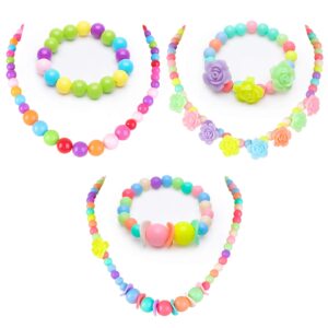 bigotters little girls necklace bracelet, 3 sets lovely colorful beads toddler necklaces for girls, play jewelry for toddlers 2-4