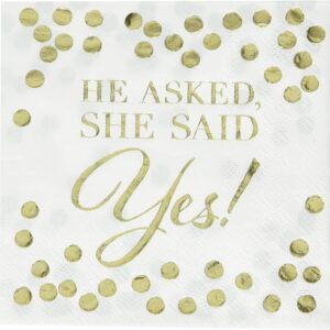 elegant gold & white "he asked, she said yes!" hot stamped beverage napkins - 5" x 5" (pack of 16) | sturdy paper materials | perfect for weddings & engagements celebrations