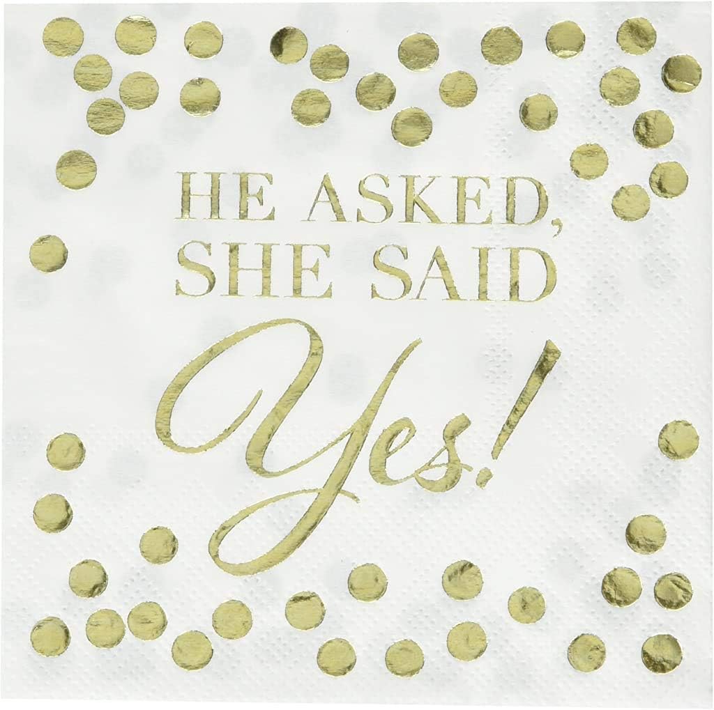 Elegant Gold & White "He Asked, She Said Yes!" Hot Stamped Beverage Napkins - 5" x 5" (Pack Of 16) | Sturdy Paper Materials | Perfect For Weddings & Engagements Celebrations