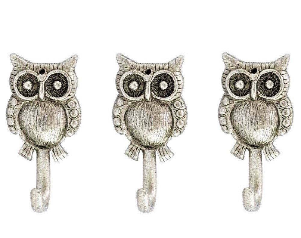 Small Owl Wall Hook, Set of 3, Silver HK-618AS