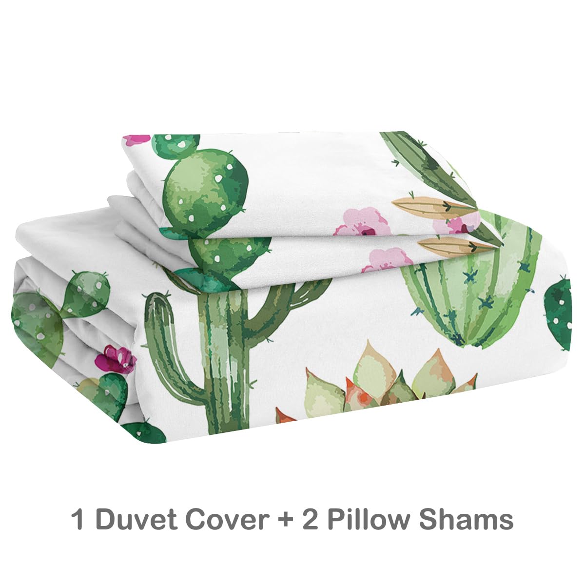 ARIGHTEX Bright Cactus Pattern Bedding Set Green Plants Cactus Print 3 Pieces Duvet Cover Set Nature Art Prints Decor Collection (Queen)