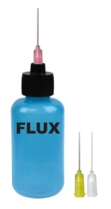 menda 35610 flux dispenser, esd static dissipative durastatic, 2 oz., 18, 20, and 26 gauge blunt needle tips, labeled flux, blue