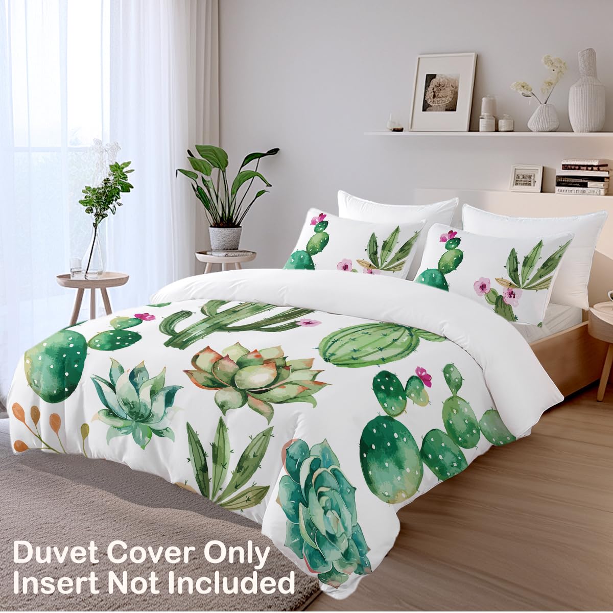 ARIGHTEX Bright Cactus Pattern Bedding Set Green Plants Cactus Print 3 Pieces Duvet Cover Set Nature Art Prints Decor Collection (Queen)