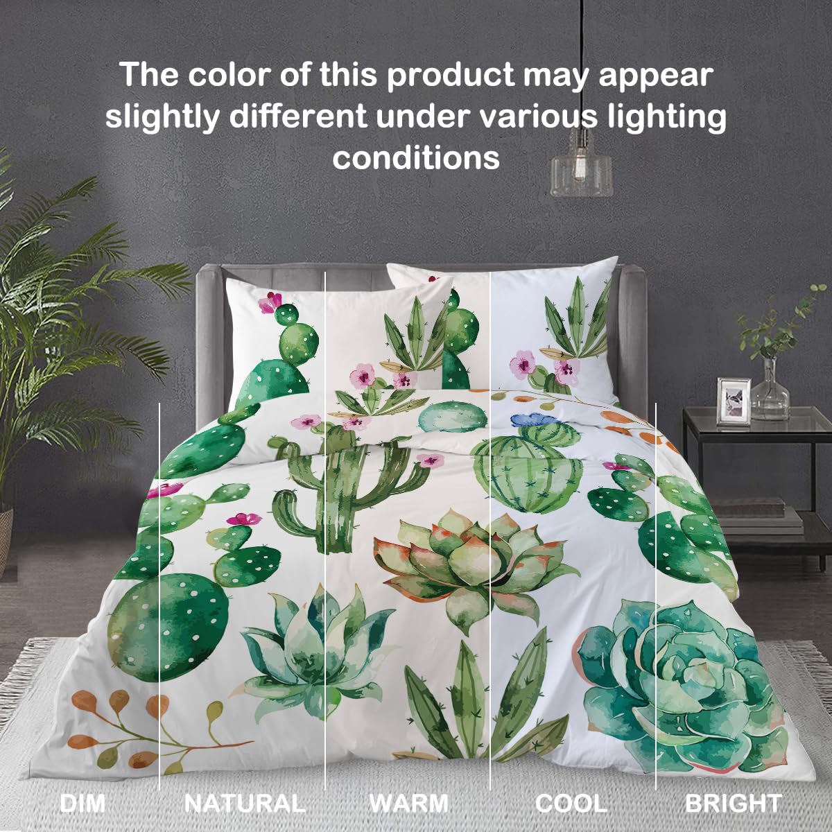 ARIGHTEX Bright Cactus Pattern Bedding Set Green Plants Cactus Print 3 Pieces Duvet Cover Set Nature Art Prints Decor Collection (Queen)