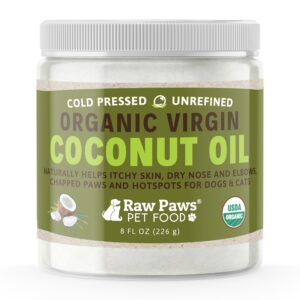 raw paws virgin organic coconut oil for dogs & cats, 8-oz - treatment for itchy skin, dry nose, paws - hot spot lotion for dogs - natural hairball remedy for dogs