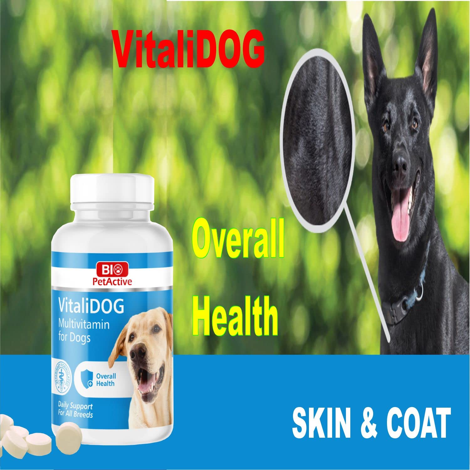 VitaliDOG Multivitamin for Dogs, Skin and Coat Supplement, Dog Prenatal Health Supplies, Vitamin A + E + B9 + B5 + H + Biotin + Amino Acids + Folic Acid for Dogs, 150 Chewable Tablets