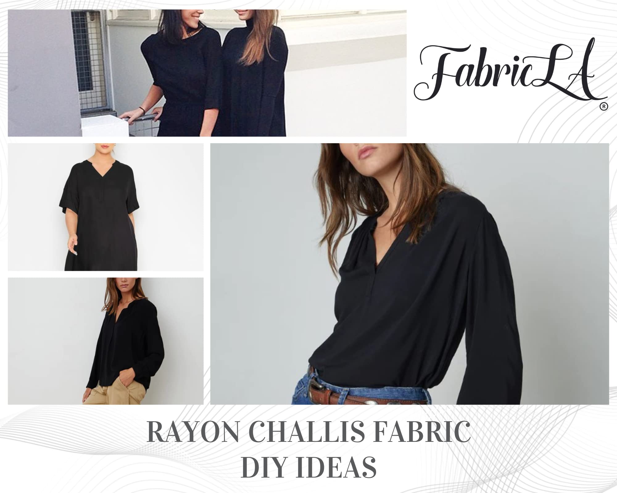 Rayon Challis Fabric by The Yard - 60" Inches Wide - Lightweight Rayon Fabric - Use Rayon Fabric by The Yard for Lounge Wear, Jumpsuits, Pajamas, and Skirts - Black, 2 Continuous Yards