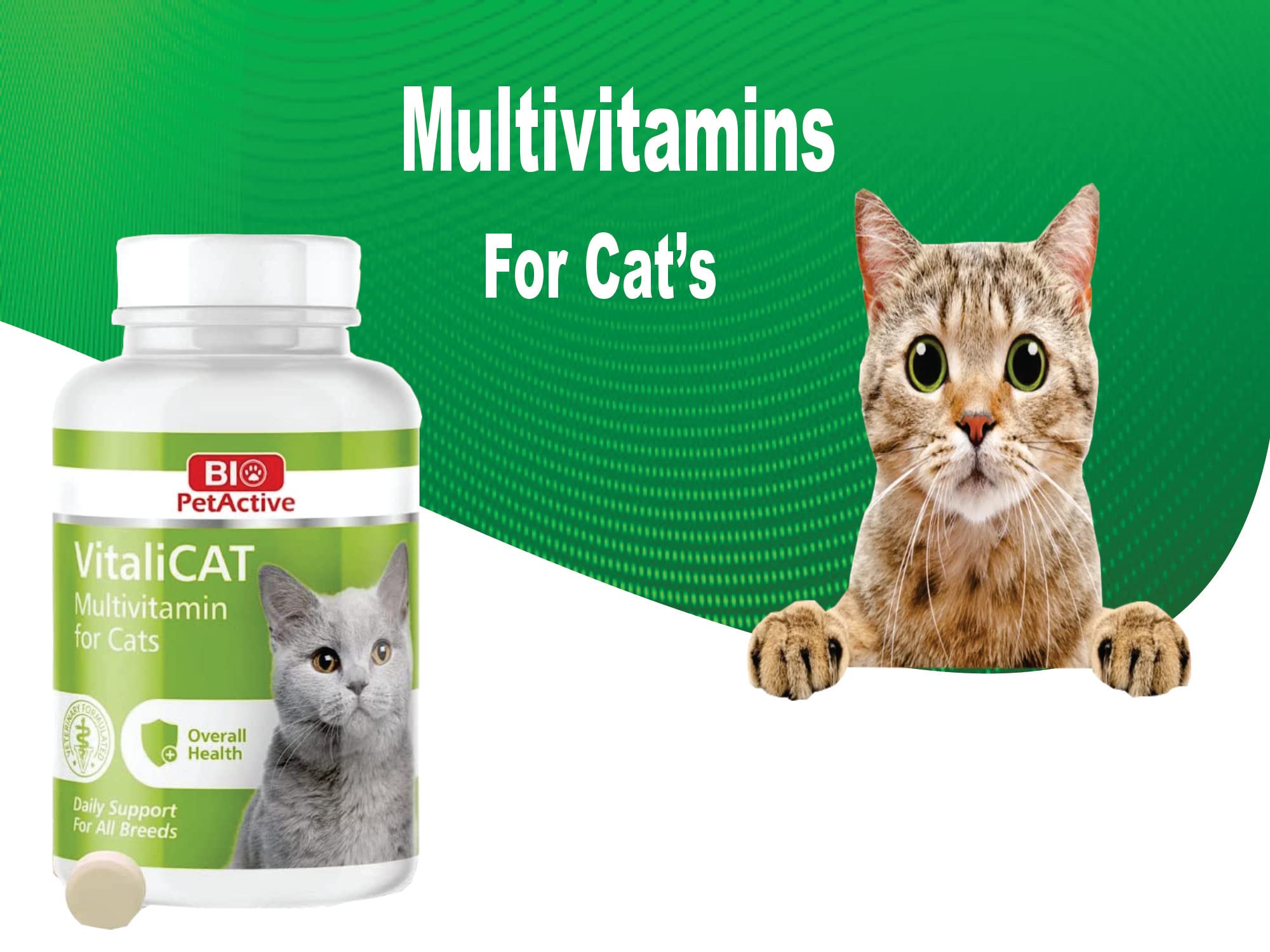 VitaliCAT Multivitamin for Cats, Skin and Coat Supplement, Cat Prenatal Health Supplies, Vitamin A + E + B9 + B5 + H + Biotin + Amino Acids for Cats, 150 Chewable Tablets