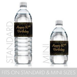 Black and Gold 80th Birthday Party Water Bottle Labels, 80th Birthday Decorations, Waterproof Stickers for Water Bottles - 24 Stickers