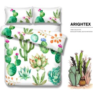 ARIGHTEX Bright Cactus Pattern Bedding Set Green Plants Cactus Print 3 Pieces Duvet Cover Set Nature Art Prints Decor Collection (Queen)