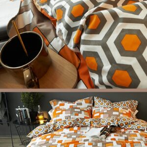 Minimal Style Geometric Shapes Duvet Quilt Cover Scandinavian Midcentury Modern Geo Print 100-percent Cotton Bedding Set Soft Casual Retro Mosaic Orange Blush Taupe King Full Queen or Twin (Twin)