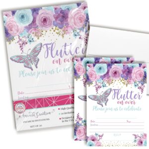 amanda creation watercolor floral butterfly birthday party fill in style invitations in pink, blue and purple. set of 20 including envelopes