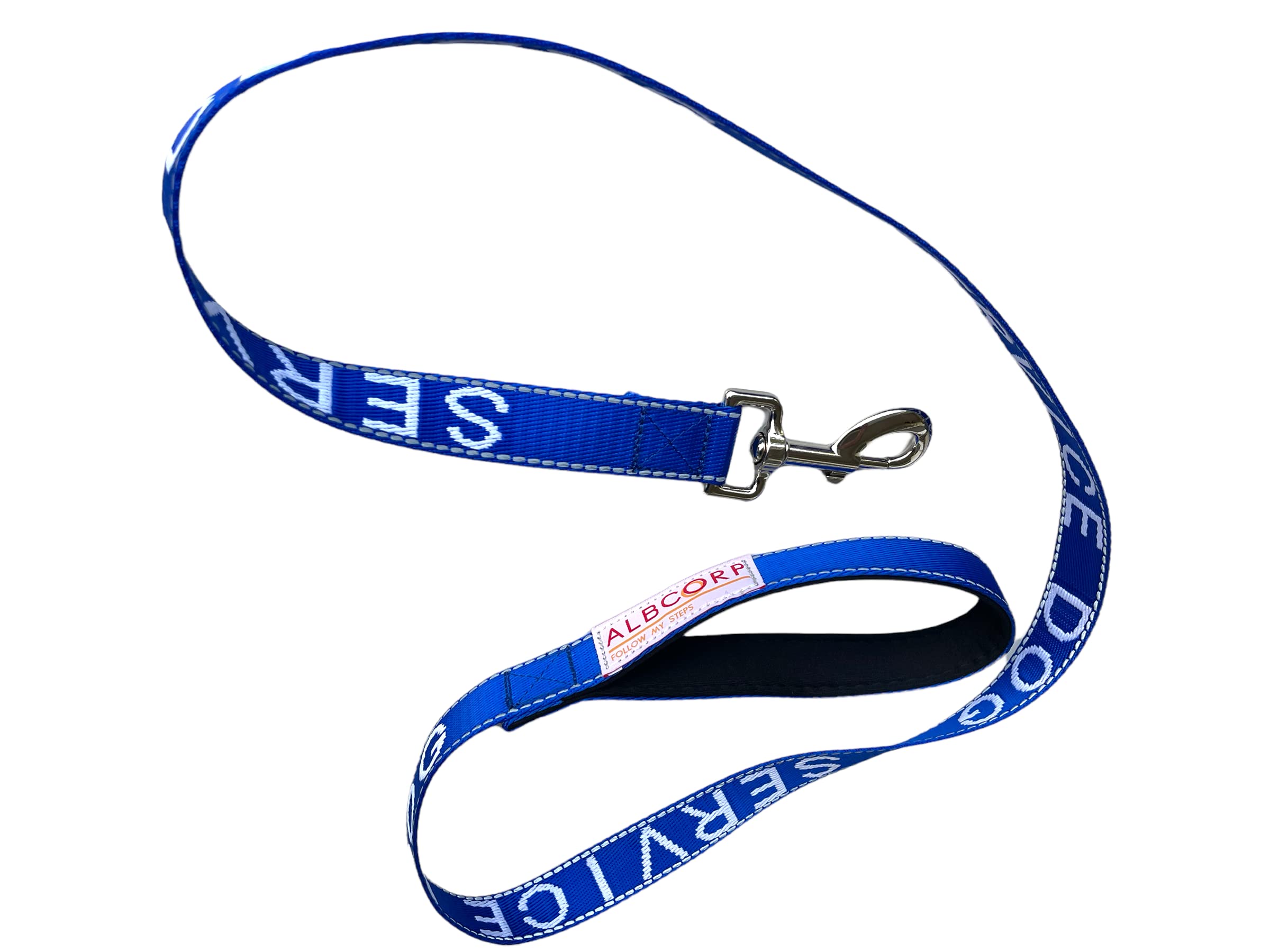 Albcorp Service Dog Leash - Embroidered- with Padded Neoprene Handle and Reflective Threads, 4 Feet, for Harnesses, Vests or Collars. Blue