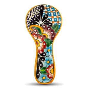 colorful ceramic spoon rest – hand-painted large talavera kitchen utensil holder for counter & stove top in gift box - dishwasher safe lead free cooking ladle dish mexican style cuchara multicolor