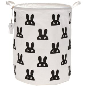 sea team 19.7" large sized waterproof coating ramie cotton fabric folding laundry hamper bucket cylindric burlap canvas storage basket with cute bunny design (black)