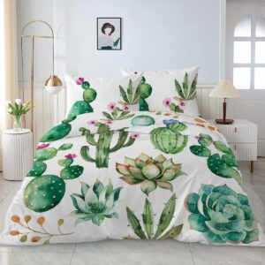 arightex bright cactus pattern bedding set green plants cactus print 3 pieces duvet cover set nature art prints decor collection (queen)