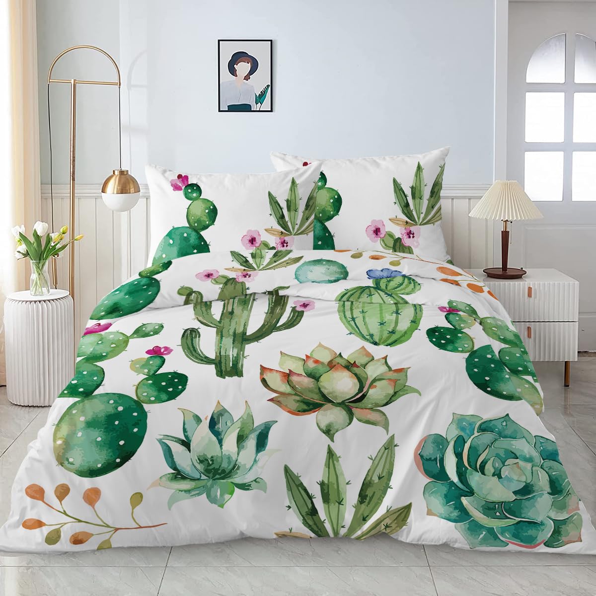 ARIGHTEX Bright Cactus Pattern Bedding Set Green Plants Cactus Print 3 Pieces Duvet Cover Set Nature Art Prints Decor Collection (Queen)