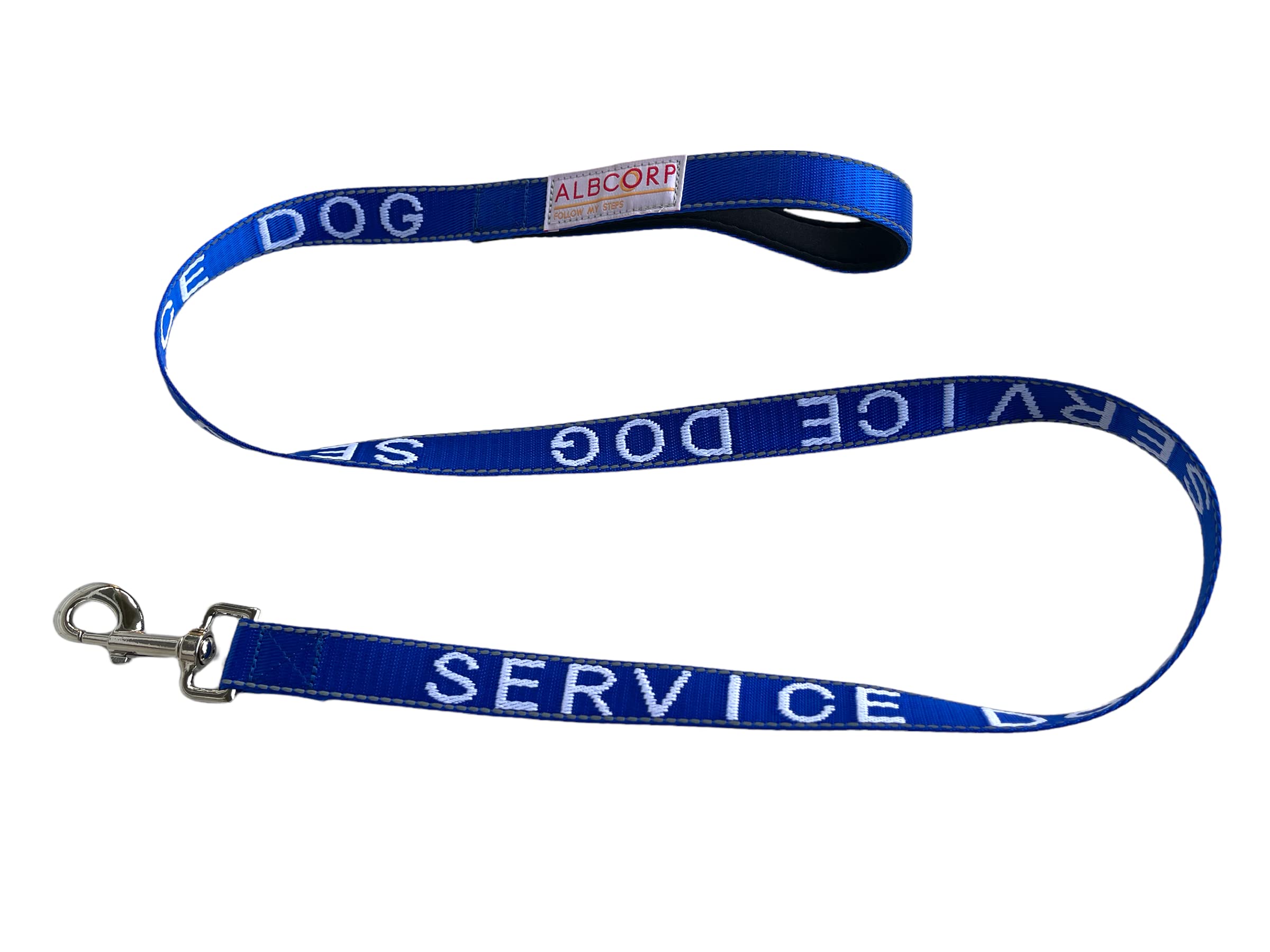 Albcorp Service Dog Leash - Embroidered- with Padded Neoprene Handle and Reflective Threads, 4 Feet, for Harnesses, Vests or Collars. Blue