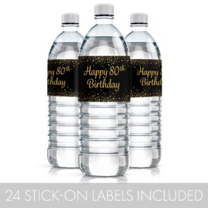 Black and Gold 80th Birthday Party Water Bottle Labels, 80th Birthday Decorations, Waterproof Stickers for Water Bottles - 24 Stickers