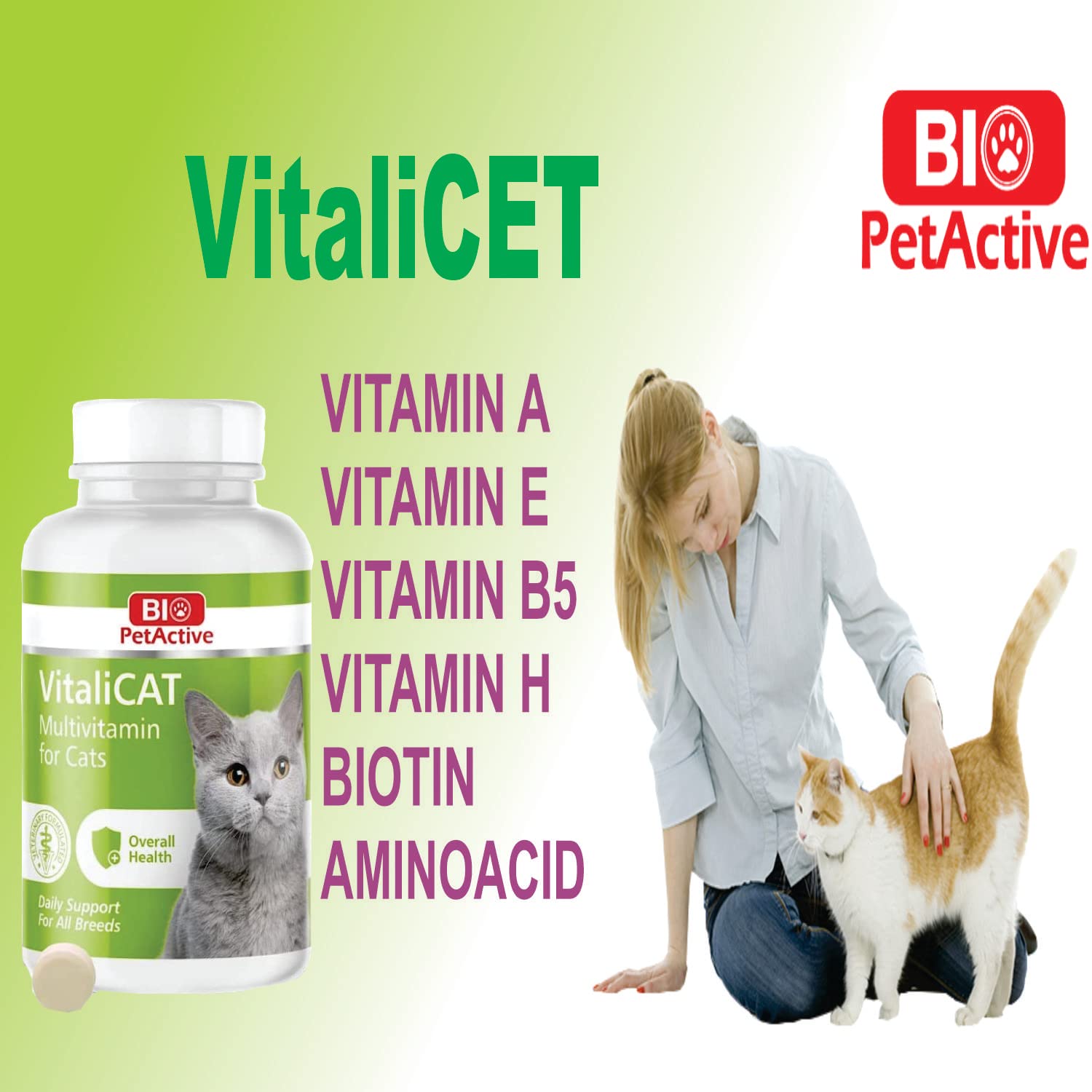 VitaliCAT Multivitamin for Cats, Skin and Coat Supplement, Cat Prenatal Health Supplies, Vitamin A + E + B9 + B5 + H + Biotin + Amino Acids for Cats, 150 Chewable Tablets