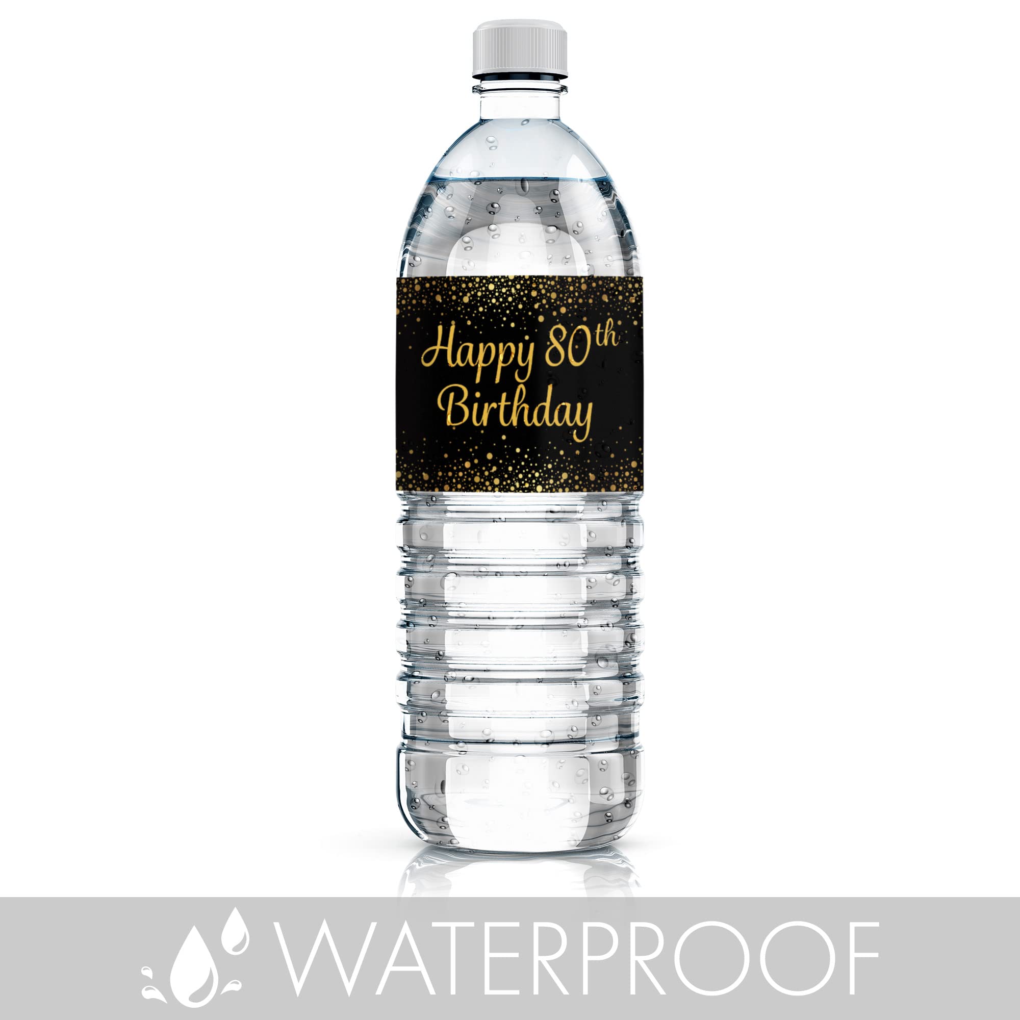 Black and Gold 80th Birthday Party Water Bottle Labels, 80th Birthday Decorations, Waterproof Stickers for Water Bottles - 24 Stickers