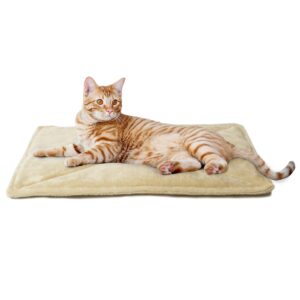 furhaven thermanap self-warming cat bed for indoor cats & small dogs, washable & reflects body heat - quilted faux fur reflective bed mat - cream, small