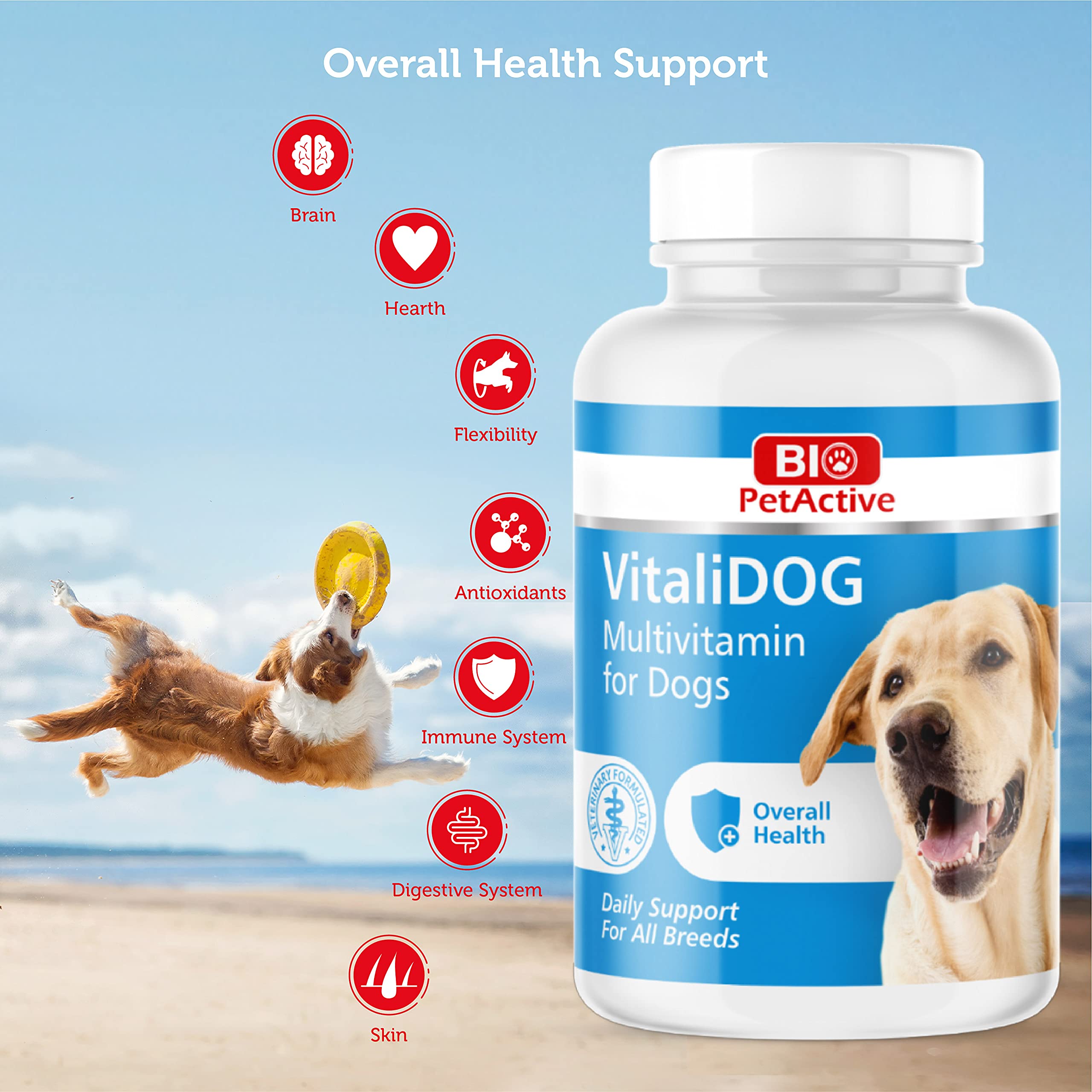 VitaliDOG Multivitamin for Dogs, Skin and Coat Supplement, Dog Prenatal Health Supplies, Vitamin A + E + B9 + B5 + H + Biotin + Amino Acids + Folic Acid for Dogs, 150 Chewable Tablets